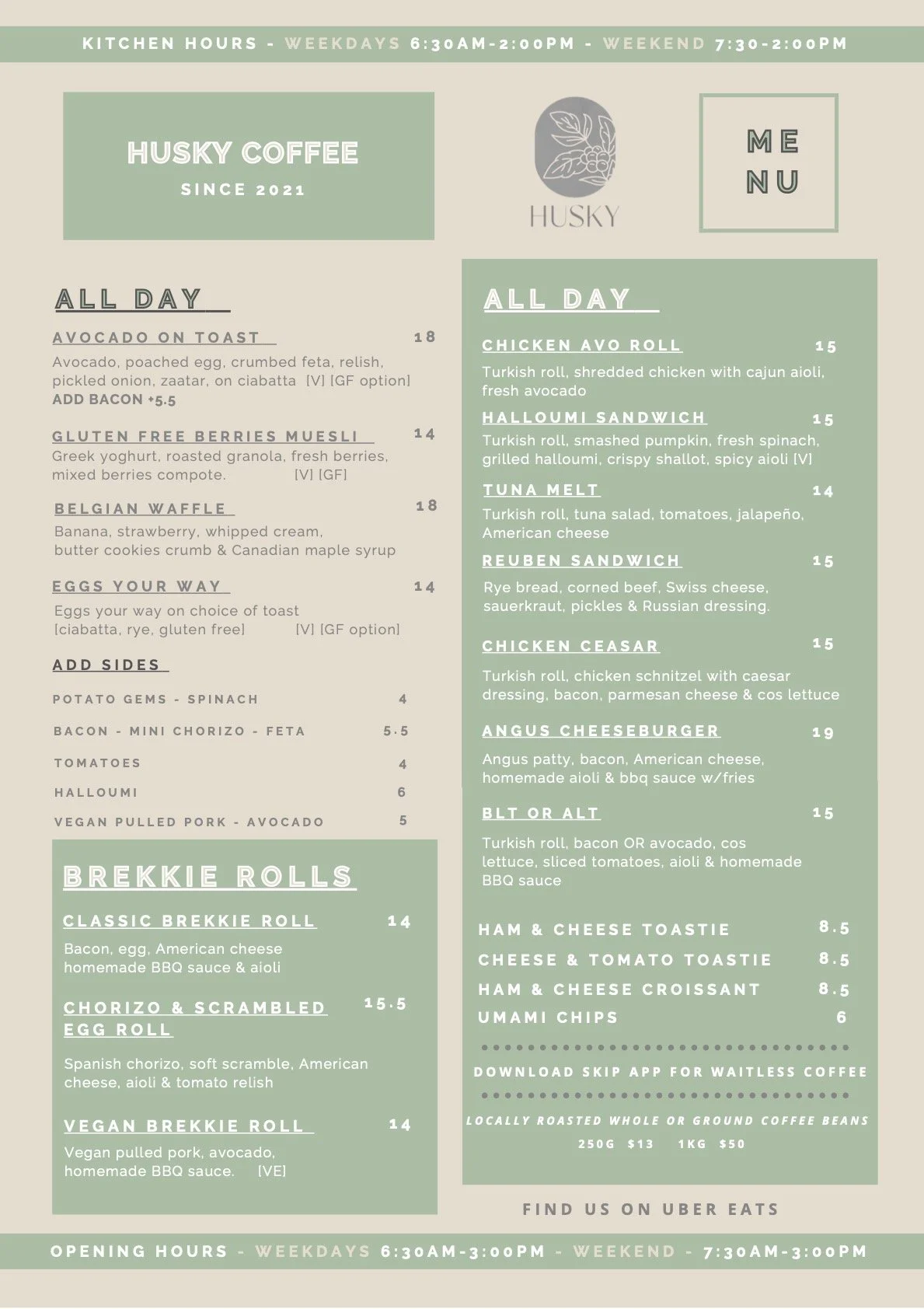 Menu 1 — Husky Coffee