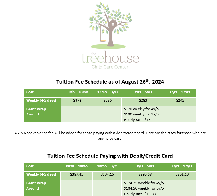 Pricing — The TreeHouse Child Care Center :: Watertown New York
