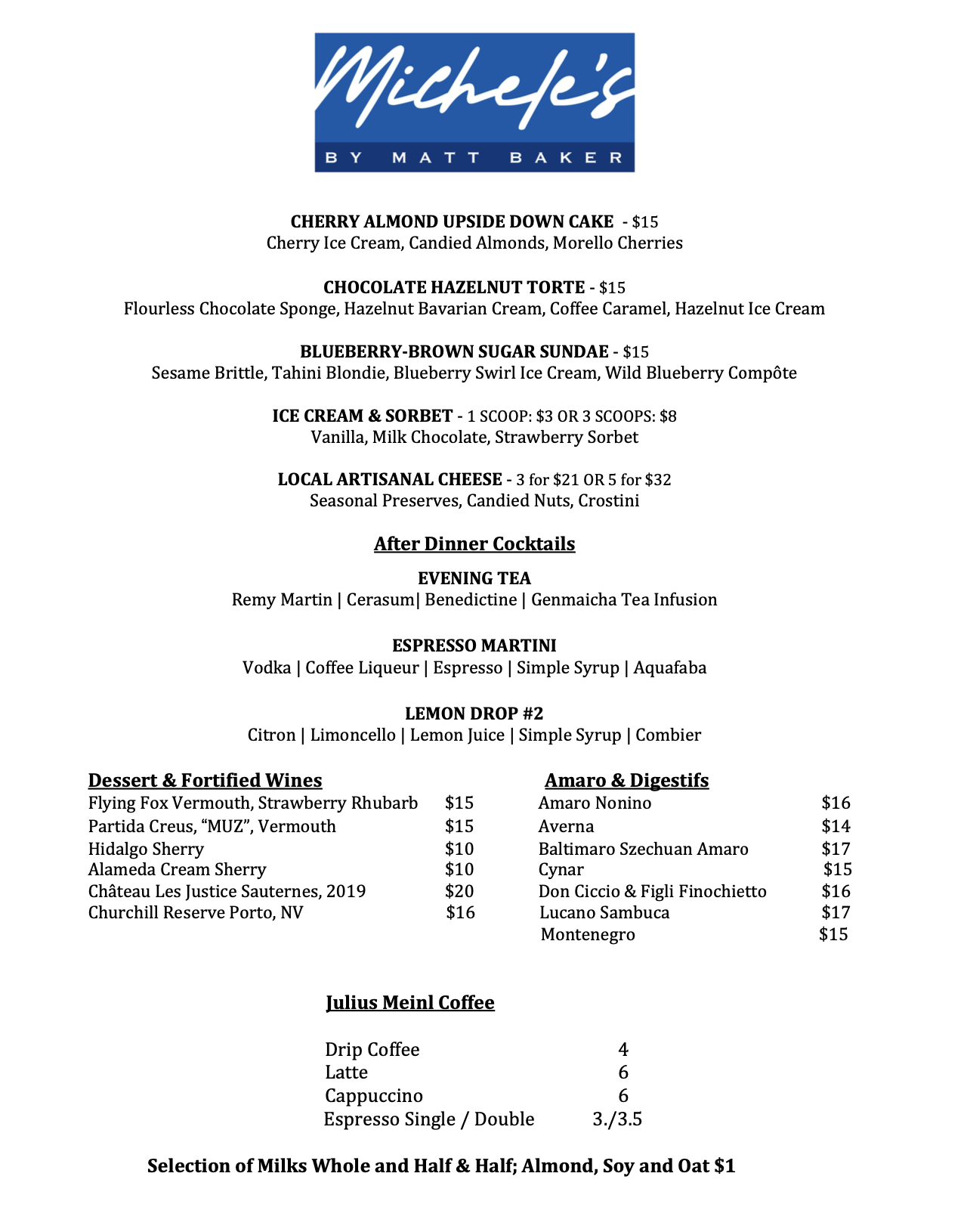 Dessert Menu — Michele's