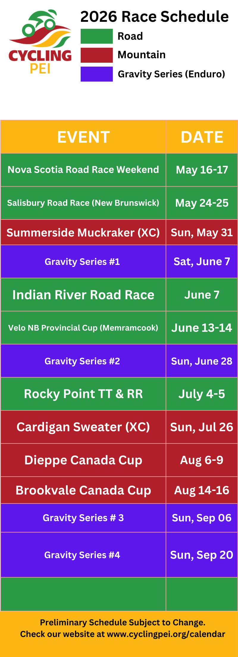 Events and Races Calendar — Cycling PEI