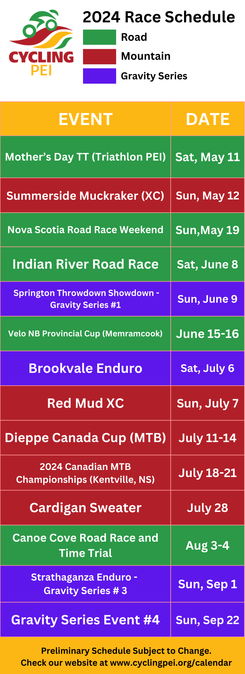 Events and Races Calendar — Cycling PEI