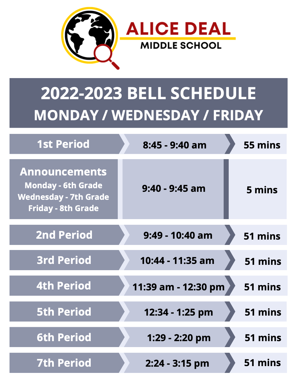 Deal Bell Schedules — Alice Deal Middle School