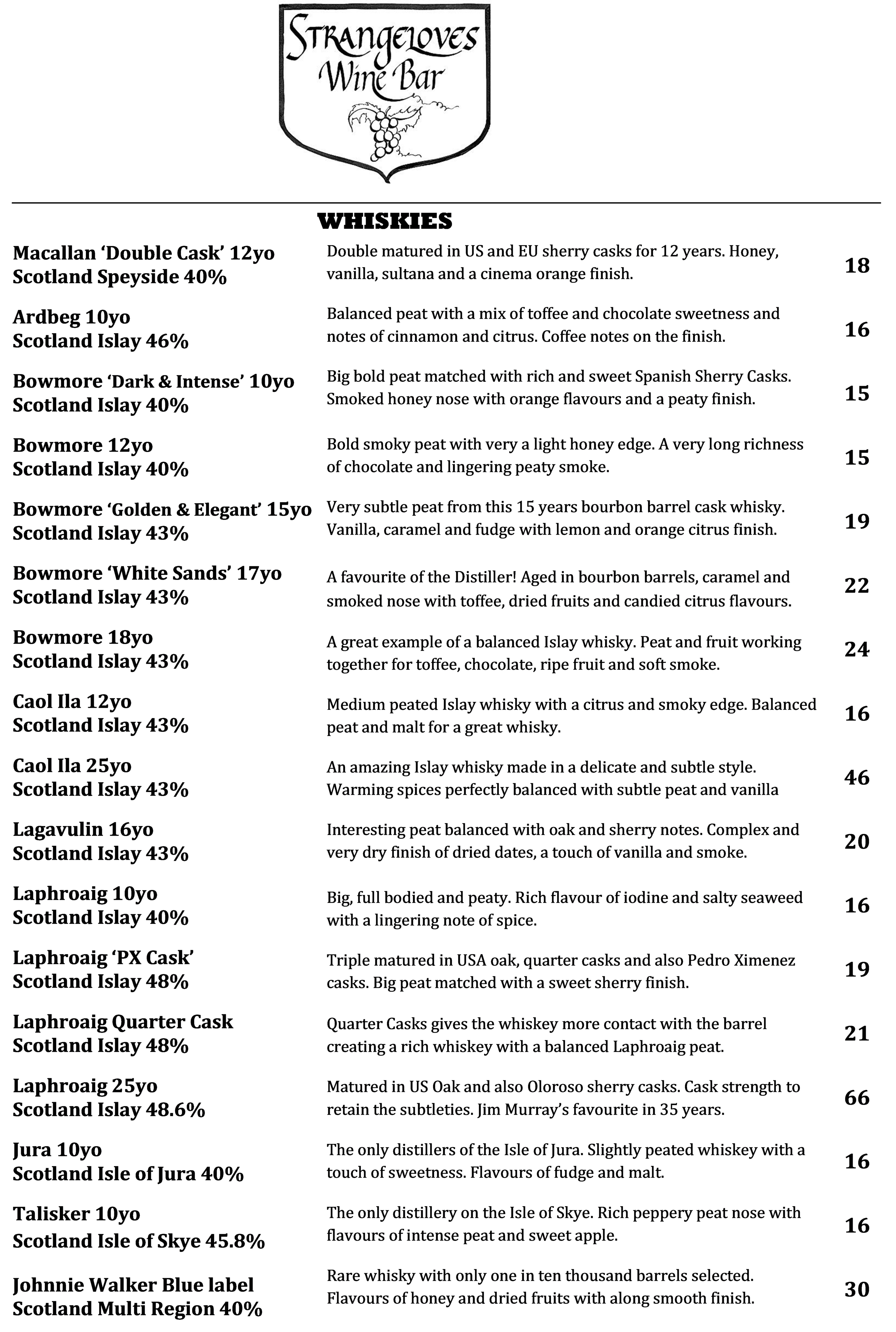 Drinks List Strangeloves Wine Bar