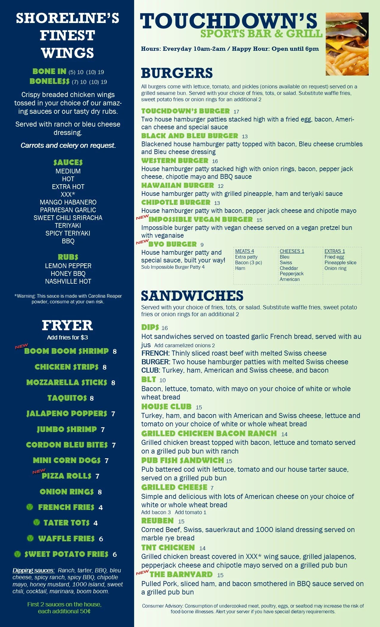 Menu — Touchdown's Sports Bar & Grill