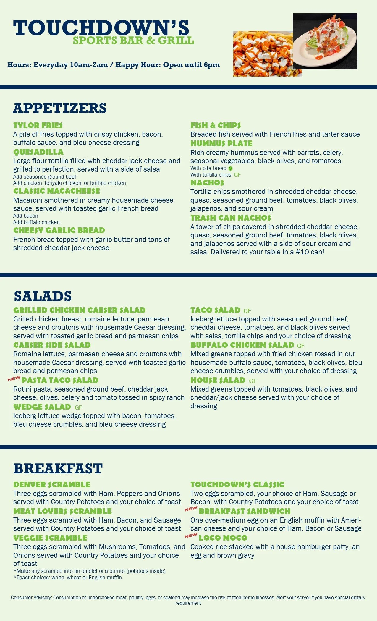 Menu — Touchdown's Sports Bar & Grill