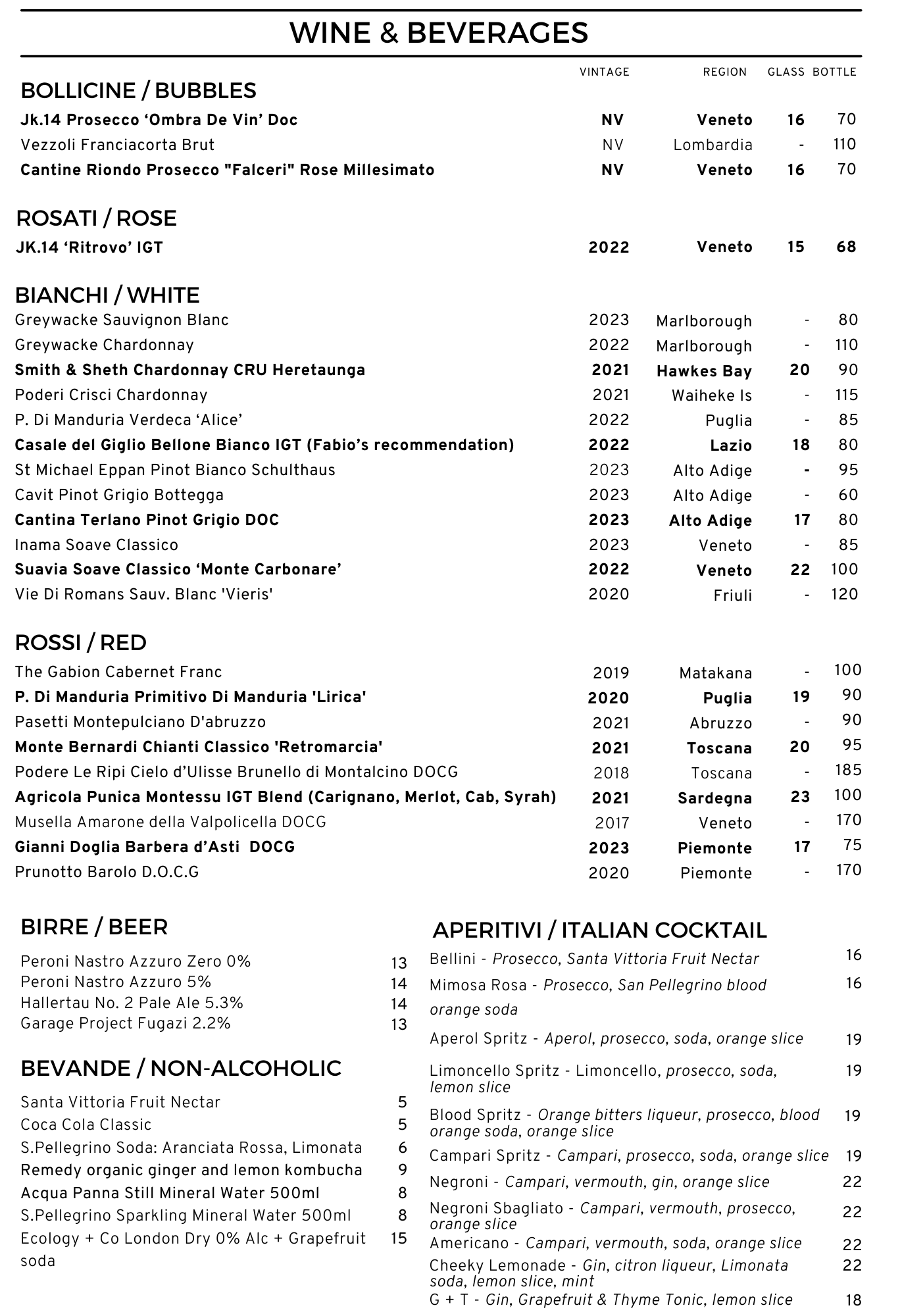 Cornelia Beverage Menu — Cornelia
