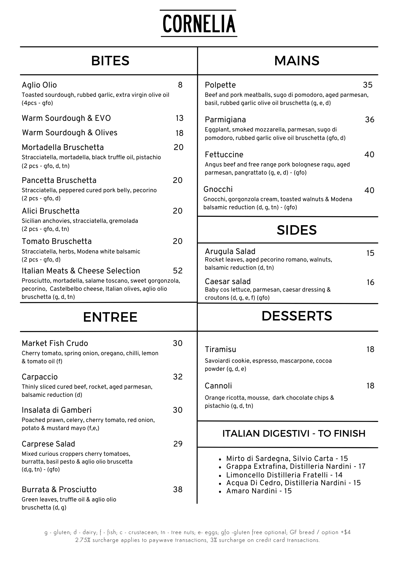 Cornelia Food Menu — Cornelia