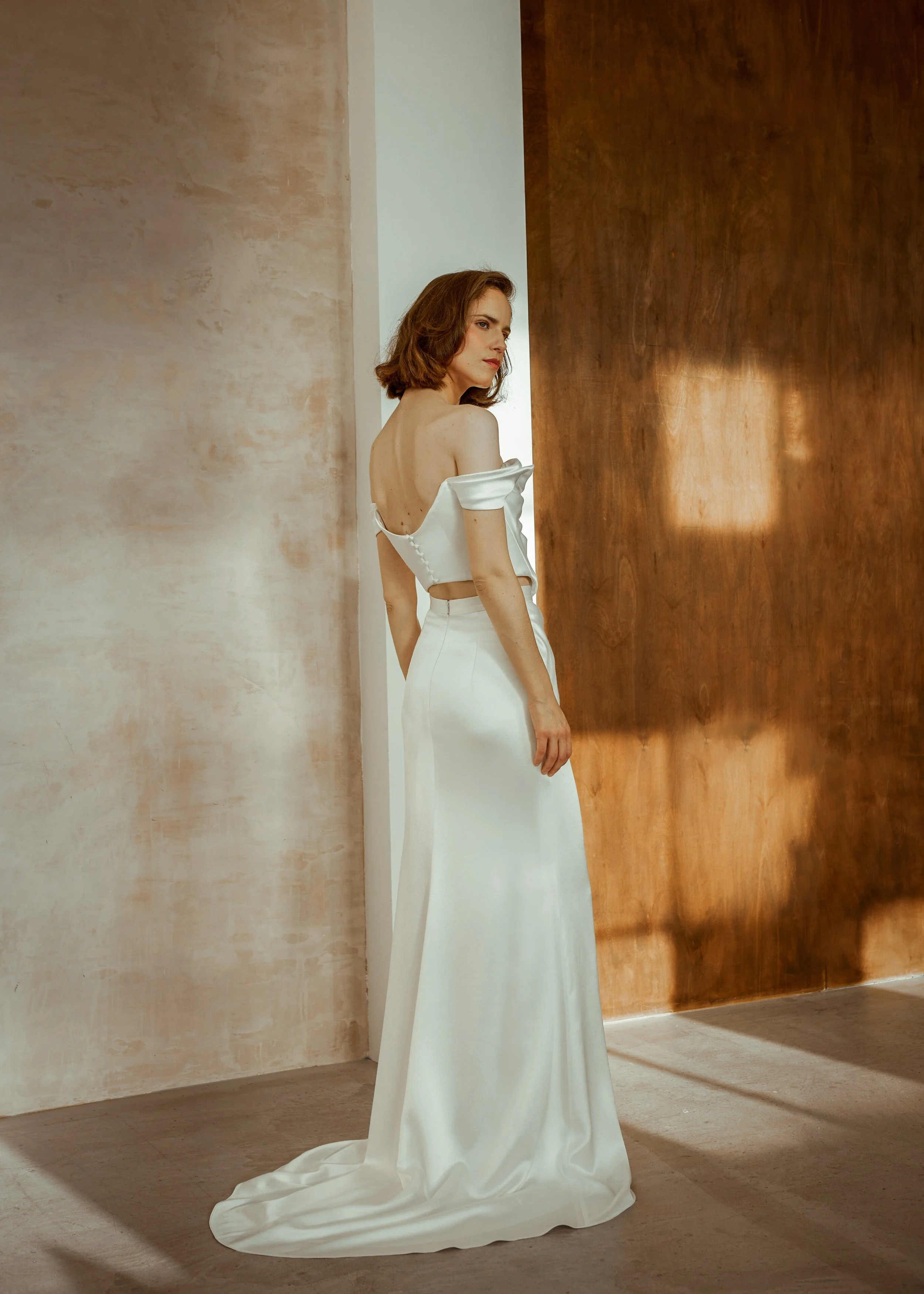 Draped front ,off the shoulder bridal corset top — BIBILUXE STUDIO