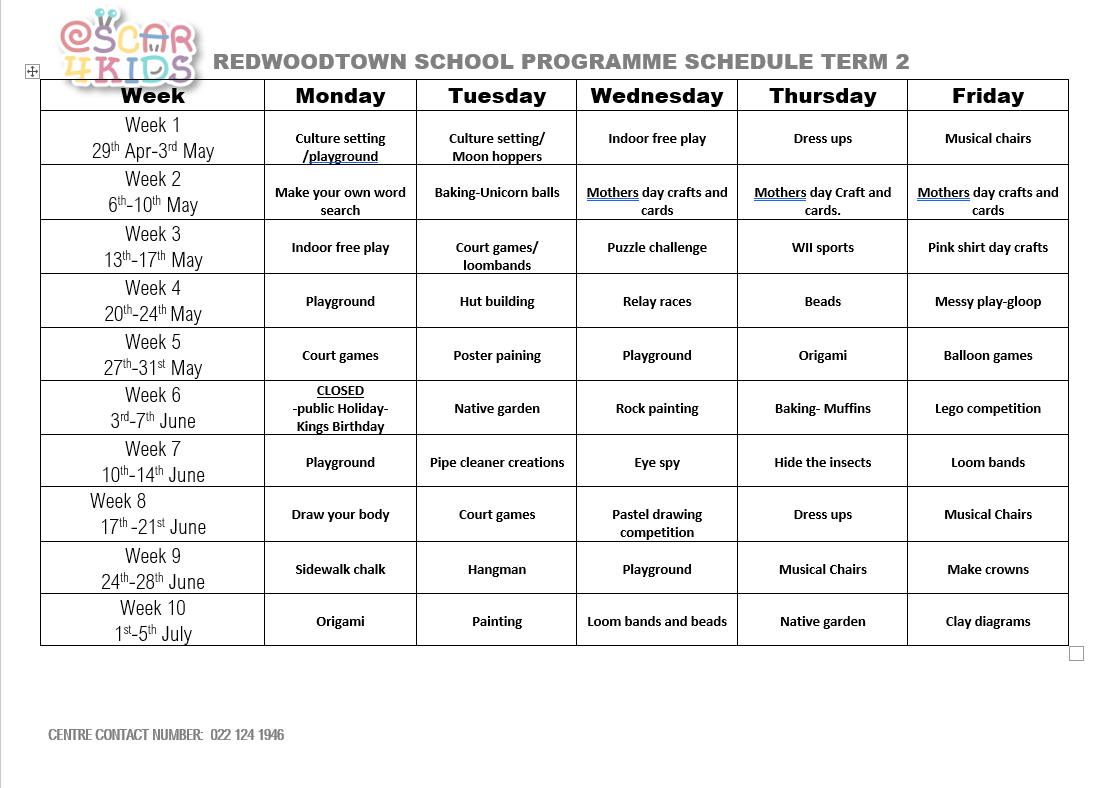 Term Programme Schedules — OSCAR 4 KIDS