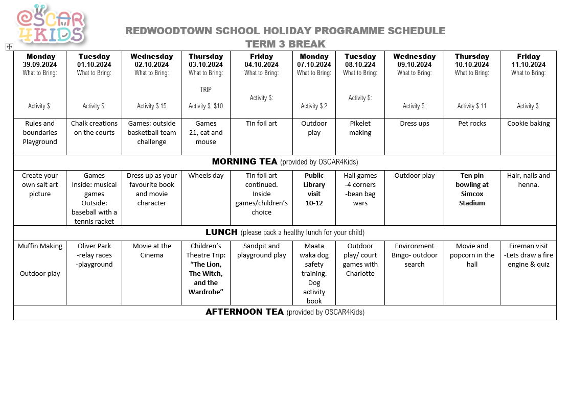 Holiday Programme Schedules — OSCAR 4 KIDS