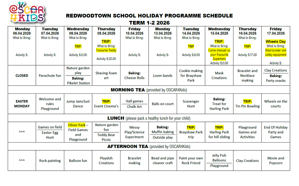 Holiday Programme Schedules — OSCAR 4 KIDS