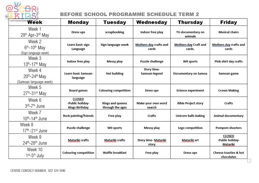 Term Programme Schedules — OSCAR 4 KIDS