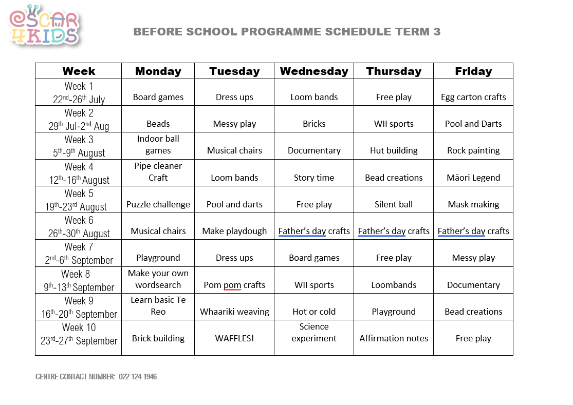 Term Programme Schedules — OSCAR 4 KIDS