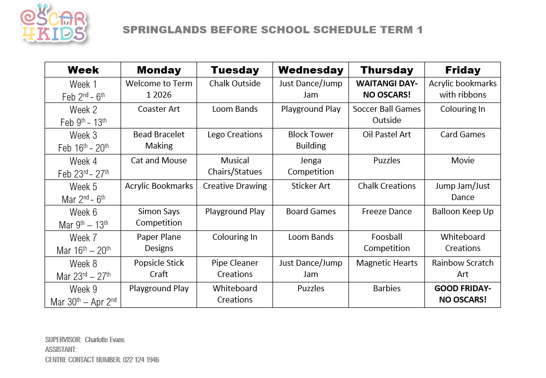 Term Programme Schedules — OSCAR 4 KIDS