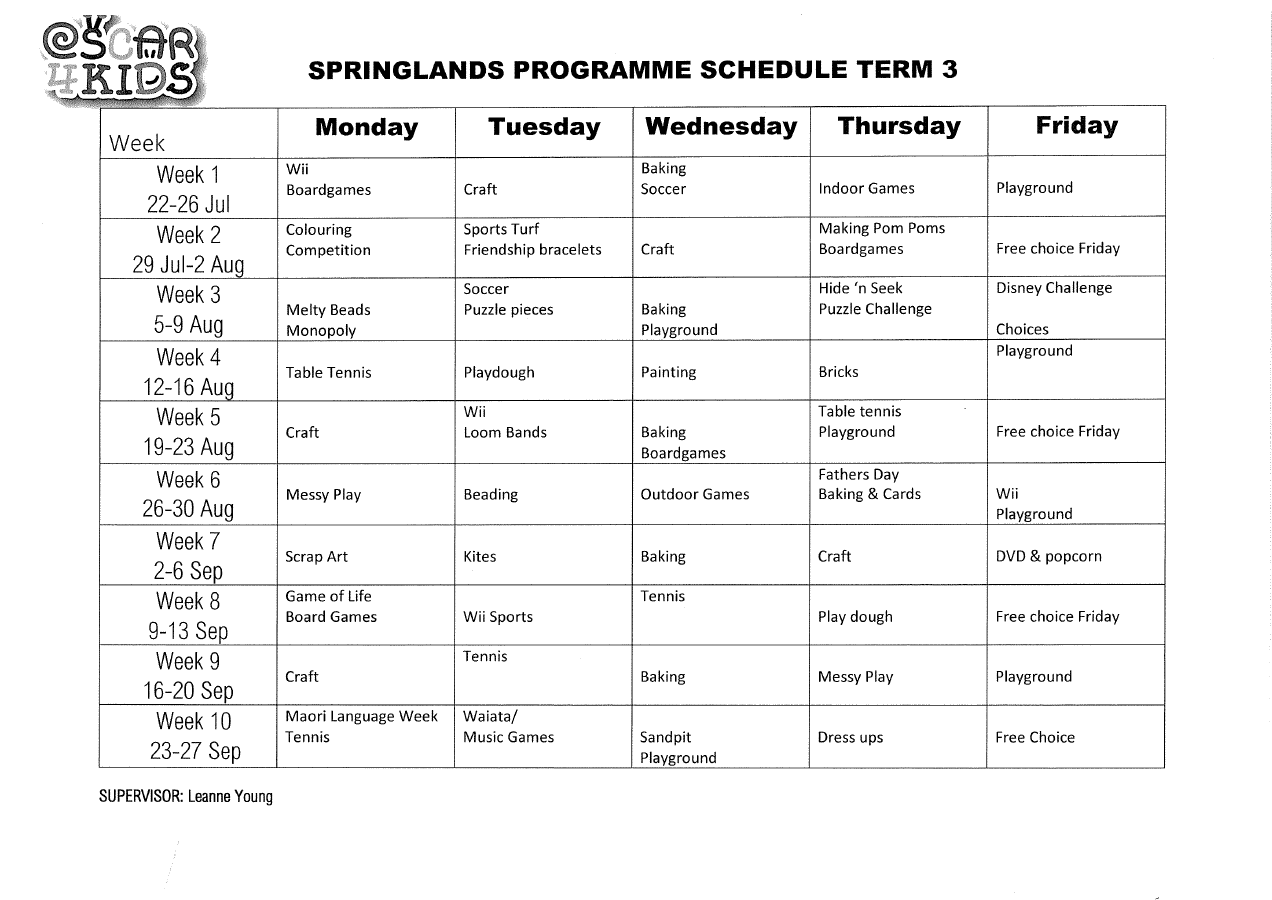 Term Programme Schedules — OSCAR 4 KIDS