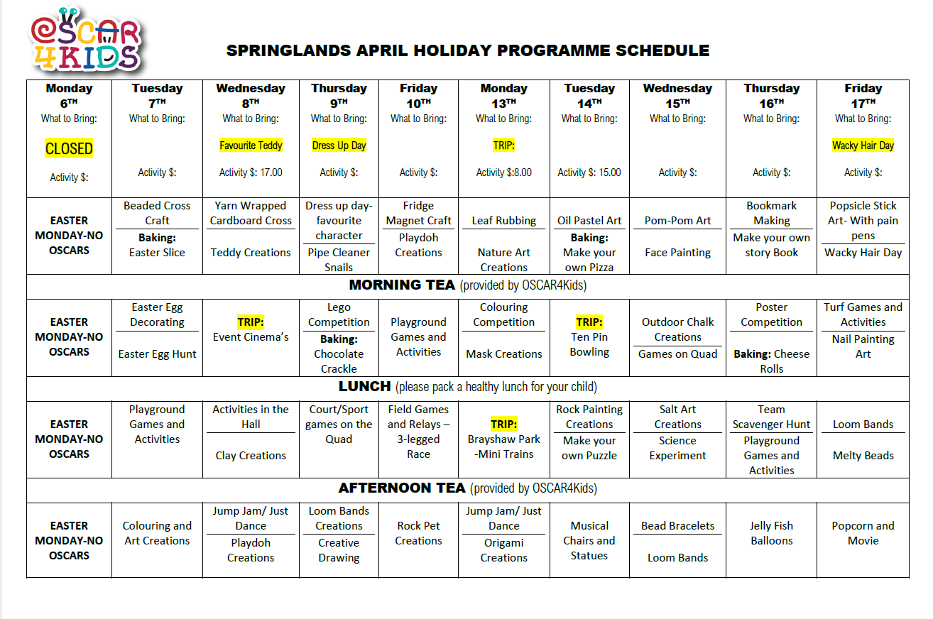 Holiday Programme Schedules — OSCAR 4 KIDS
