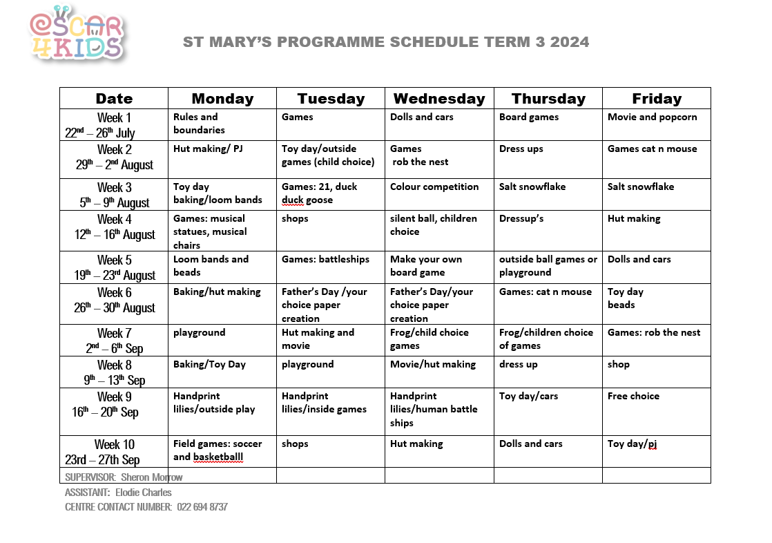 Term Programme Schedules — OSCAR 4 KIDS