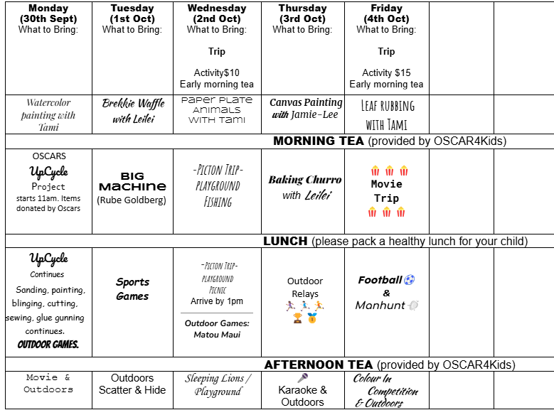 Holiday Programme Schedules — OSCAR 4 KIDS