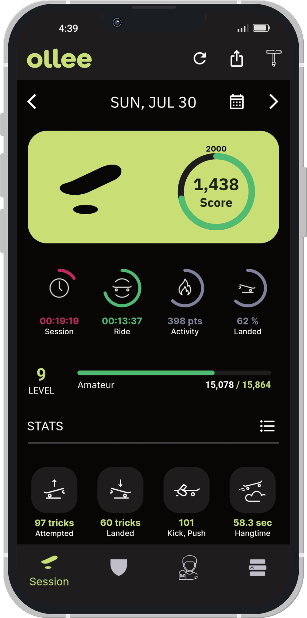 Ollee - The skateboard activity tracker | Track. Level Up. Share.