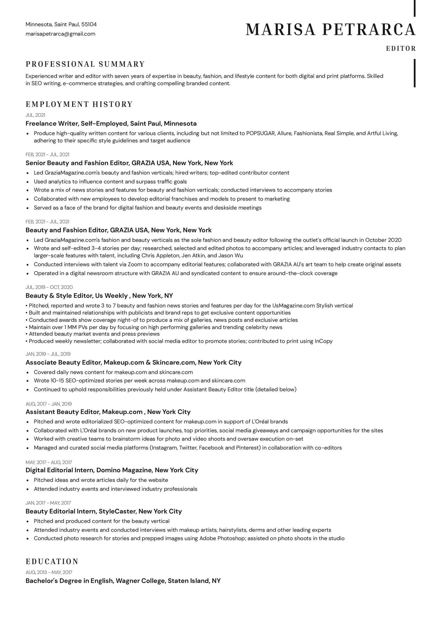 Resume — marisa petrarca | writing portfolio