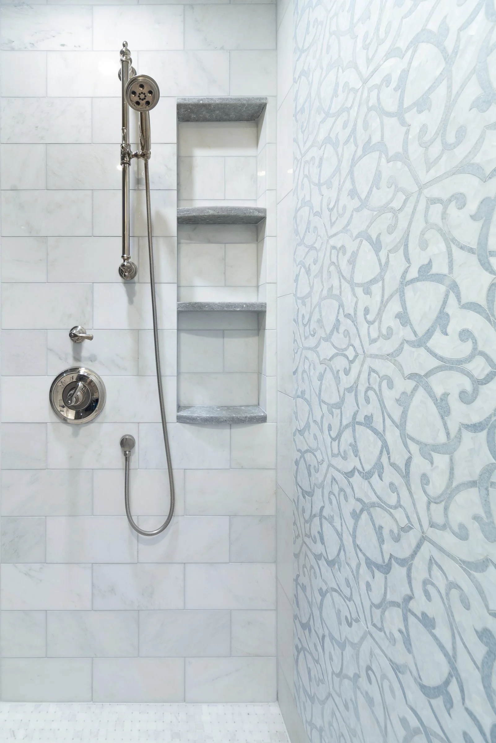 A photo gallery of a marble bathroom remodeled by Goedecke Design ...