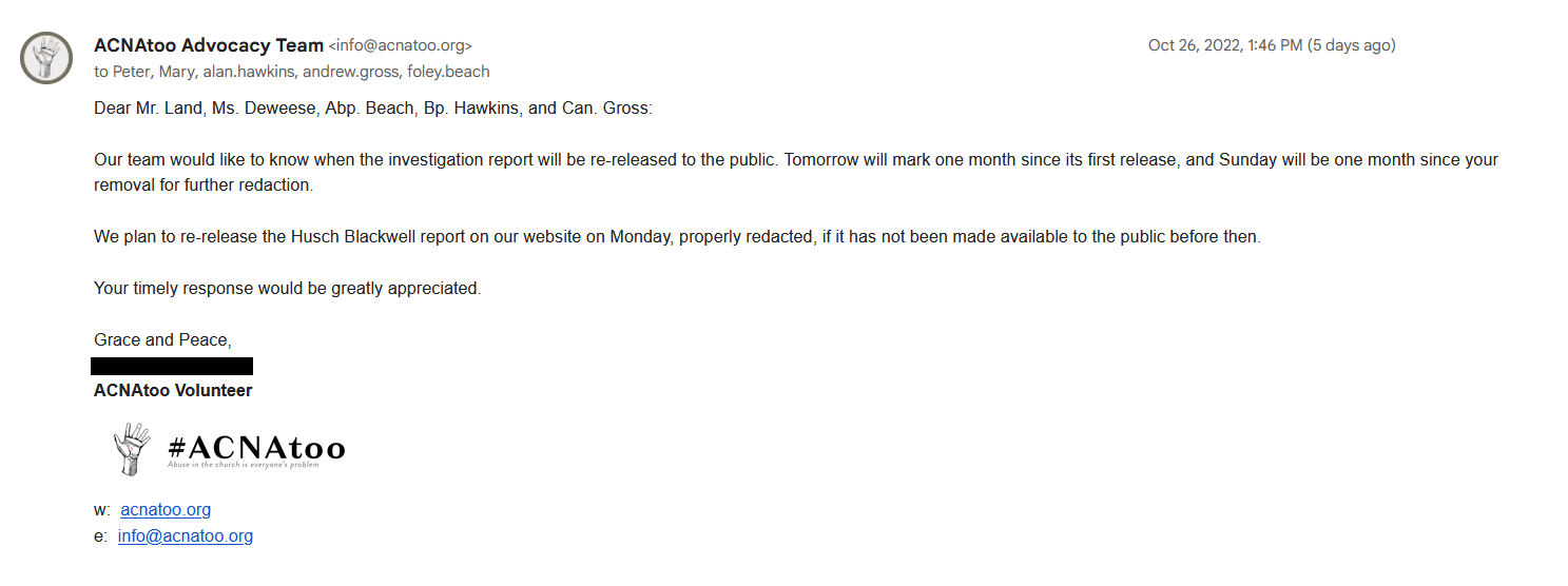 Re-release of the ACNA Husch Blackwell Report — ACNAtoo