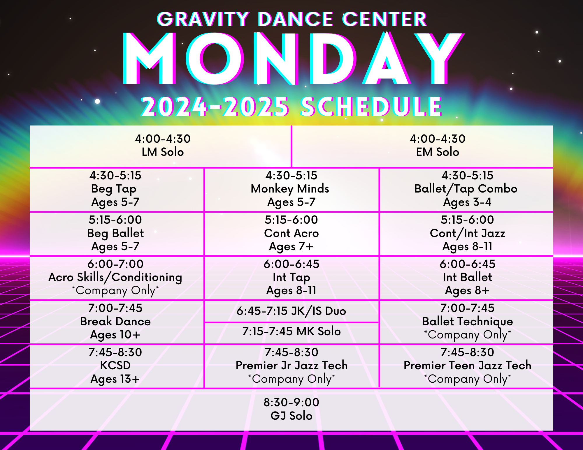 Menu 1 — Gravity Dance Center