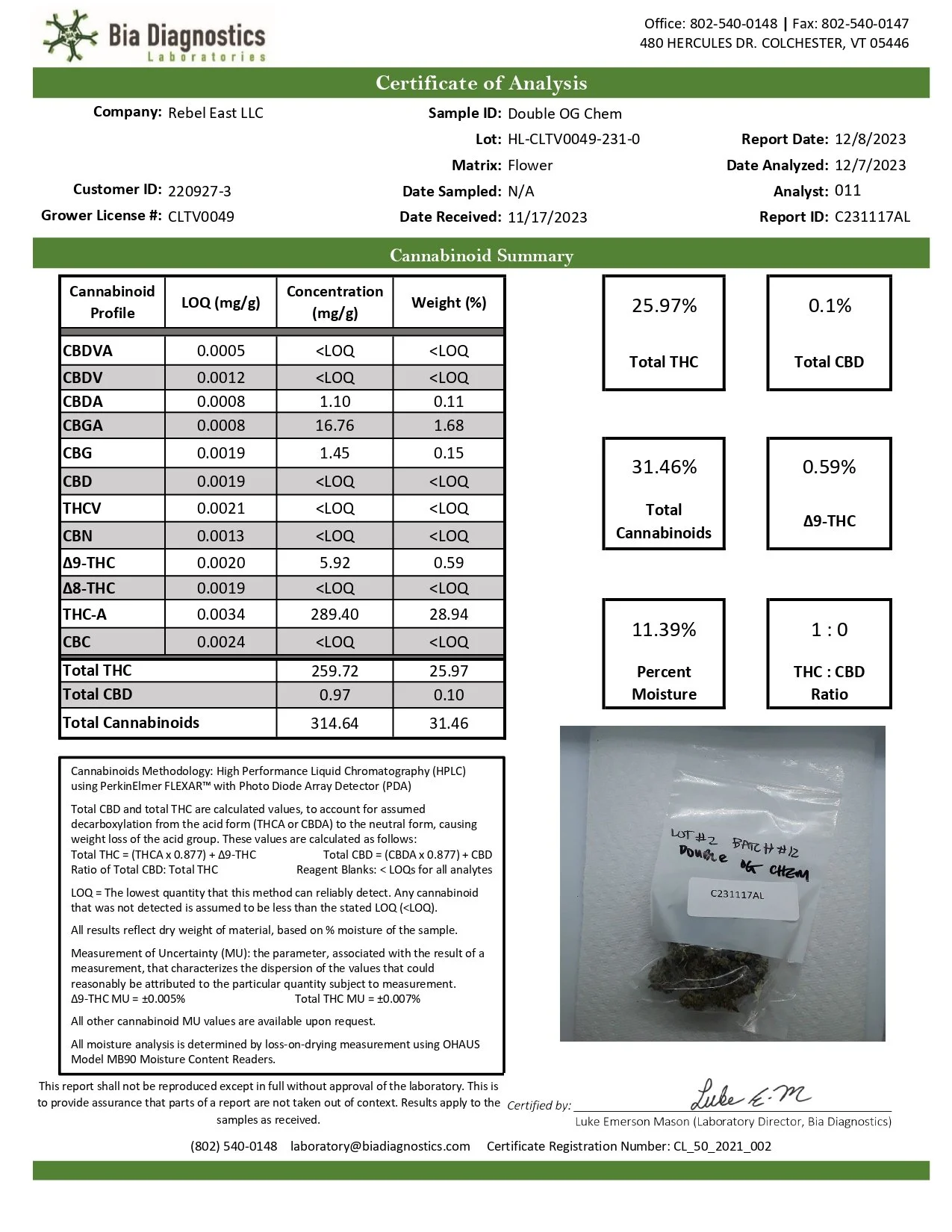 Double OG Chem Certificate of Analysis | Mountain Girl Cannabis