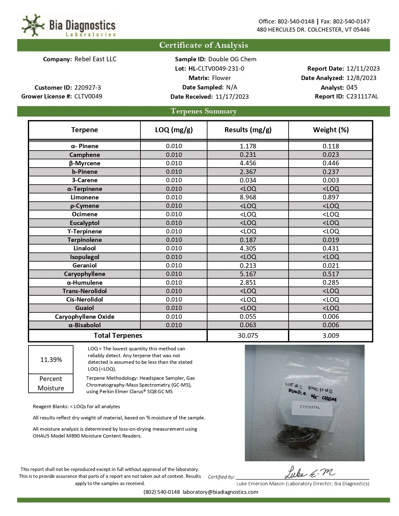 Double OG Chem Certificate of Analysis | Mountain Girl Cannabis