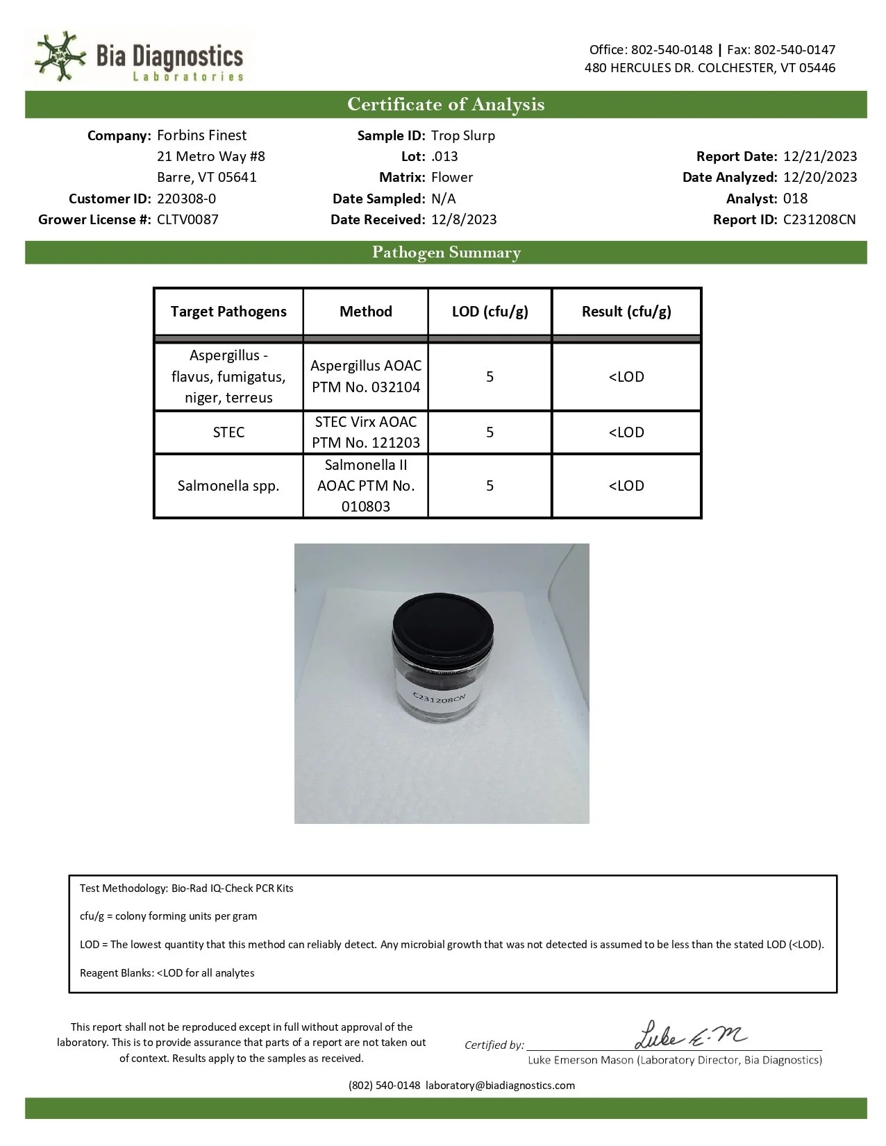 Tropicana Slurp Certificate of Analysis | Mountain Girl Cannabis