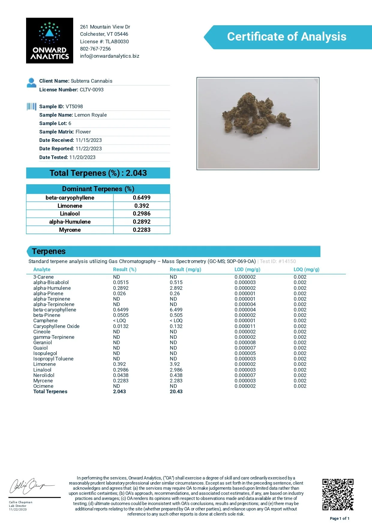 Lemon Royale Certificate of Analysis | Mountain Girl Cannabis