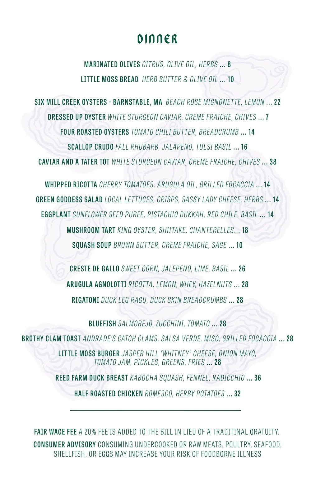 MENUS — Little Moss Restaurant