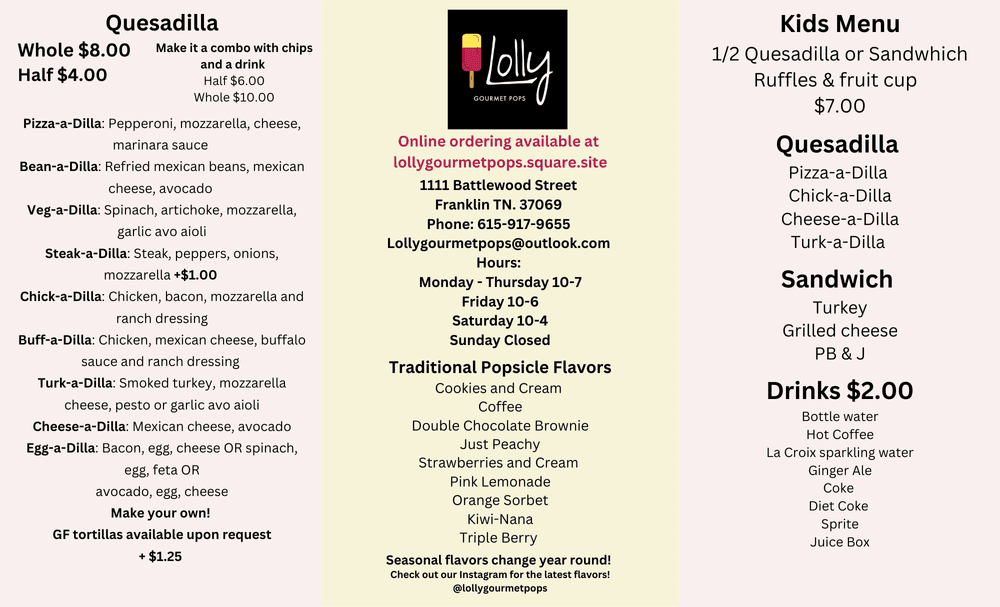 Food Menu — Lolly Gourmet Popsicles