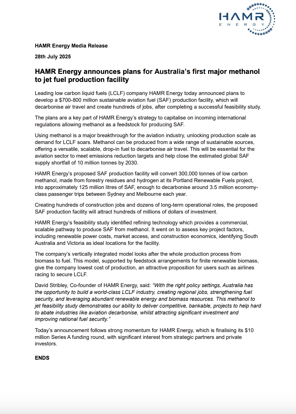 HAMR Energy announces plans for Australia’s first major methanol to jet fuel facility — HAMR Energy