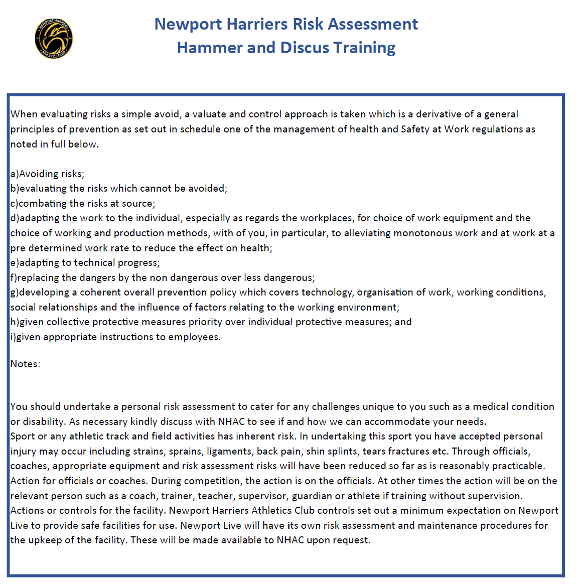 RISK ASSESSMENTS — NEWPORT HARRIERS ATHLETIC CLUB