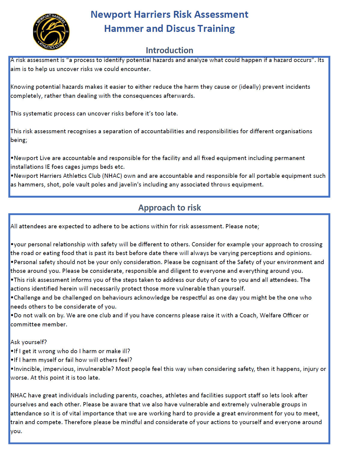 RISK ASSESSMENTS — NEWPORT HARRIERS ATHLETIC CLUB