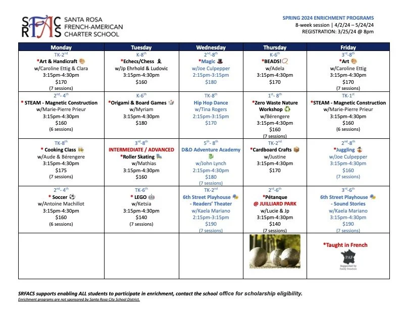 Enrichment Schedule — SRFACS - Parent Association Foundation