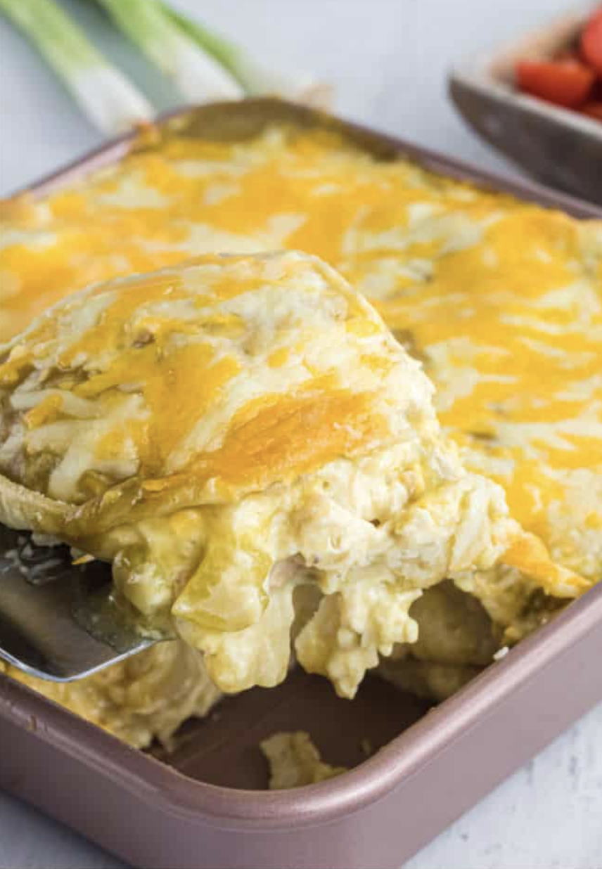 Tasha’s Green Chile Chicken Enchilada Casserole — By Stef Caldwell