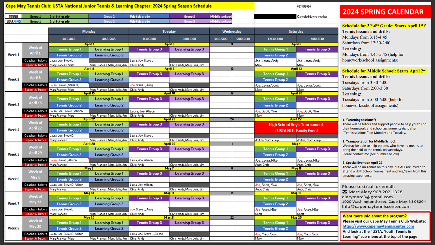 2024 NJTL Spring Schedule — Cape May Tennis Center