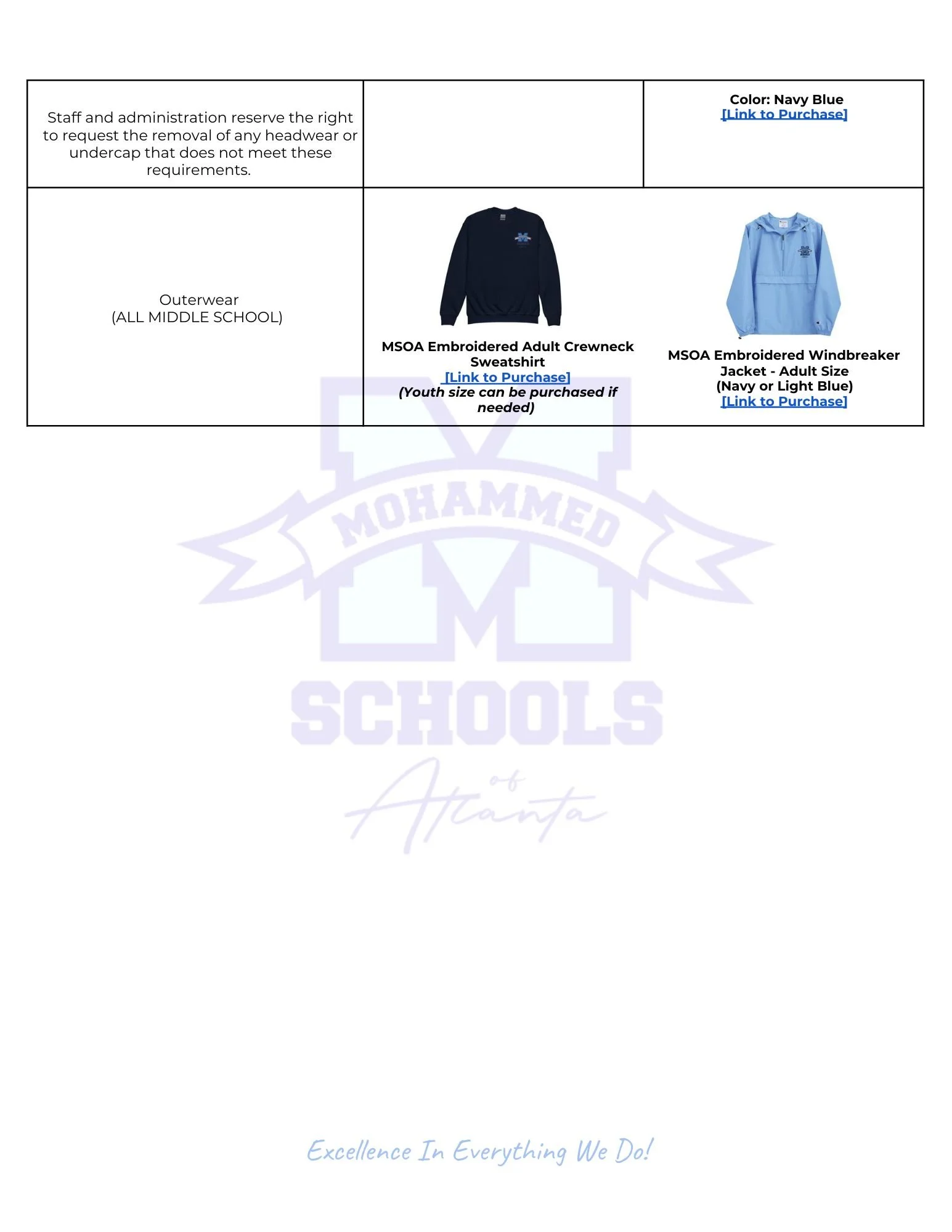 Uniform Information — Mohammed Schools of Atlanta