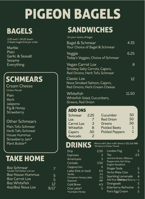 PDF Menu — Pigeon Bagels