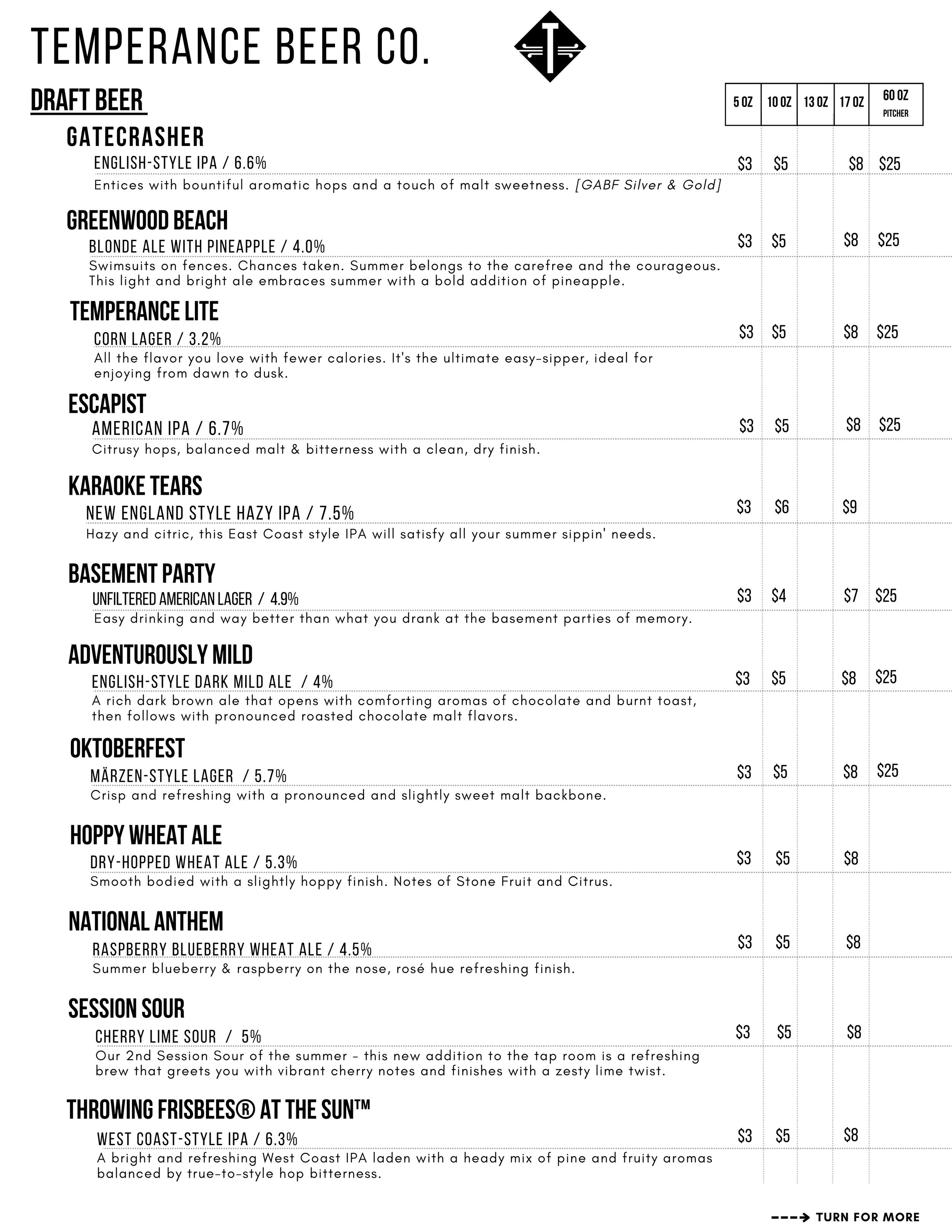 Tap Room Menu — Temperance Beer Co.