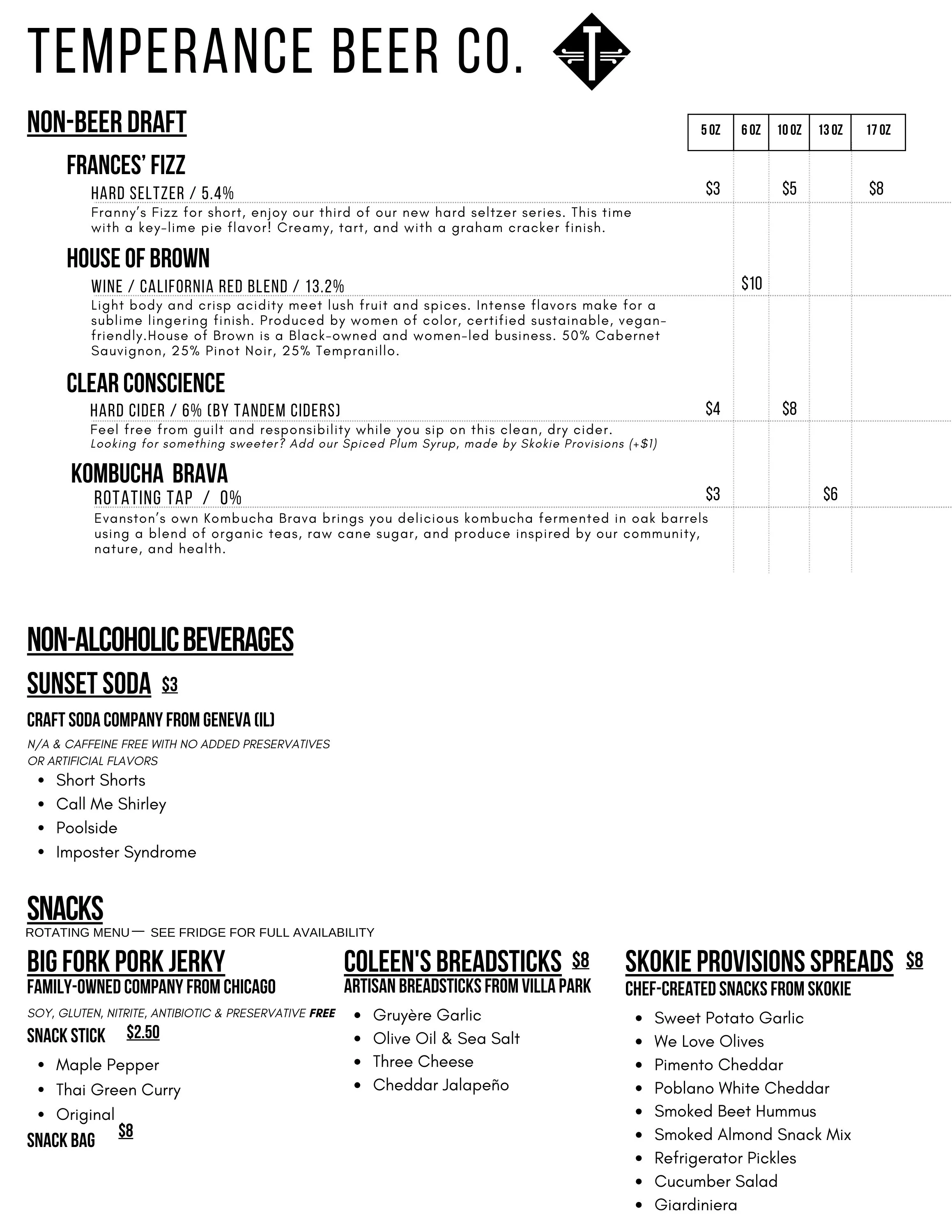 Tap Room Menu — Temperance Beer Co.