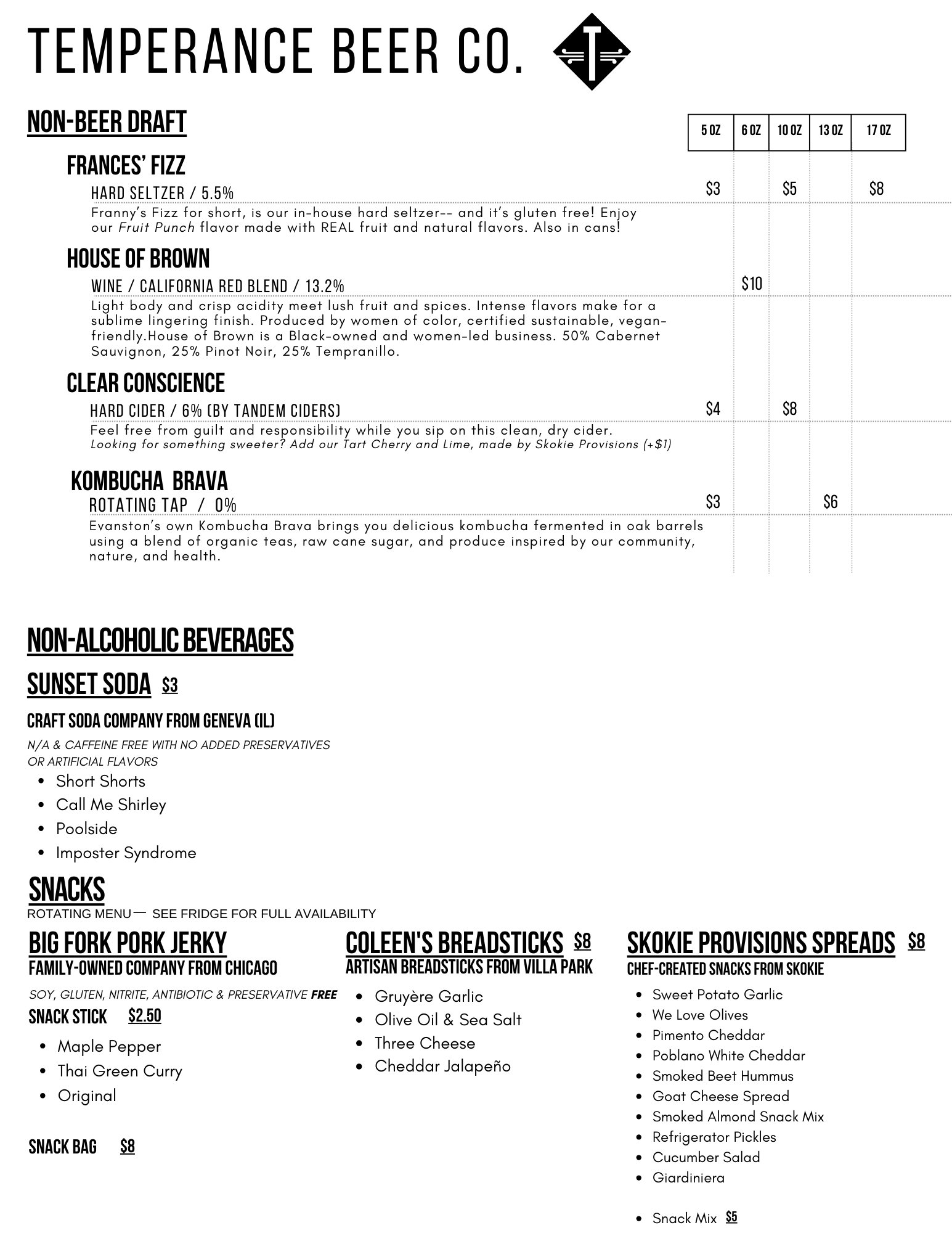 Tap Room Menu — Temperance Beer Co.
