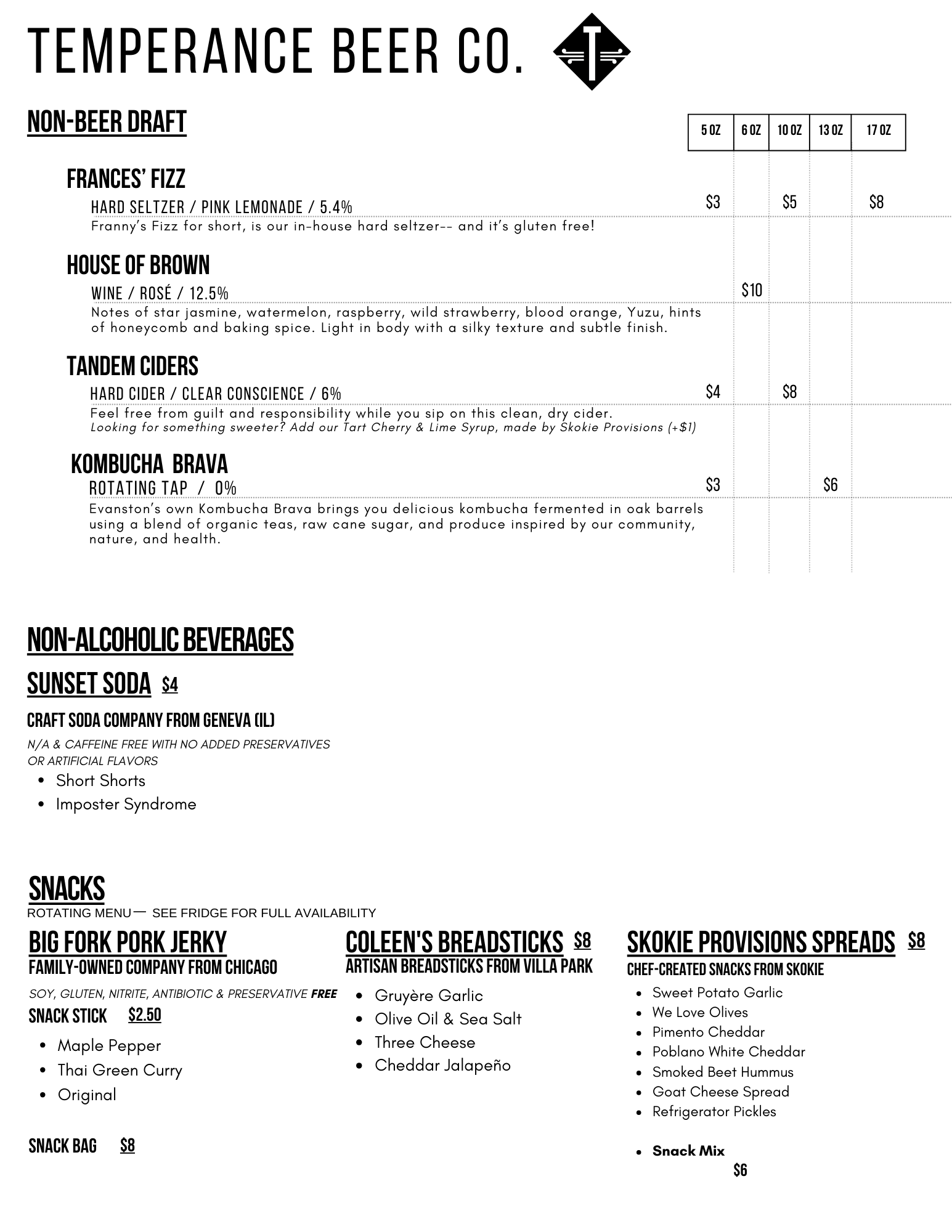 Tap Room Menu — Temperance Beer Co.