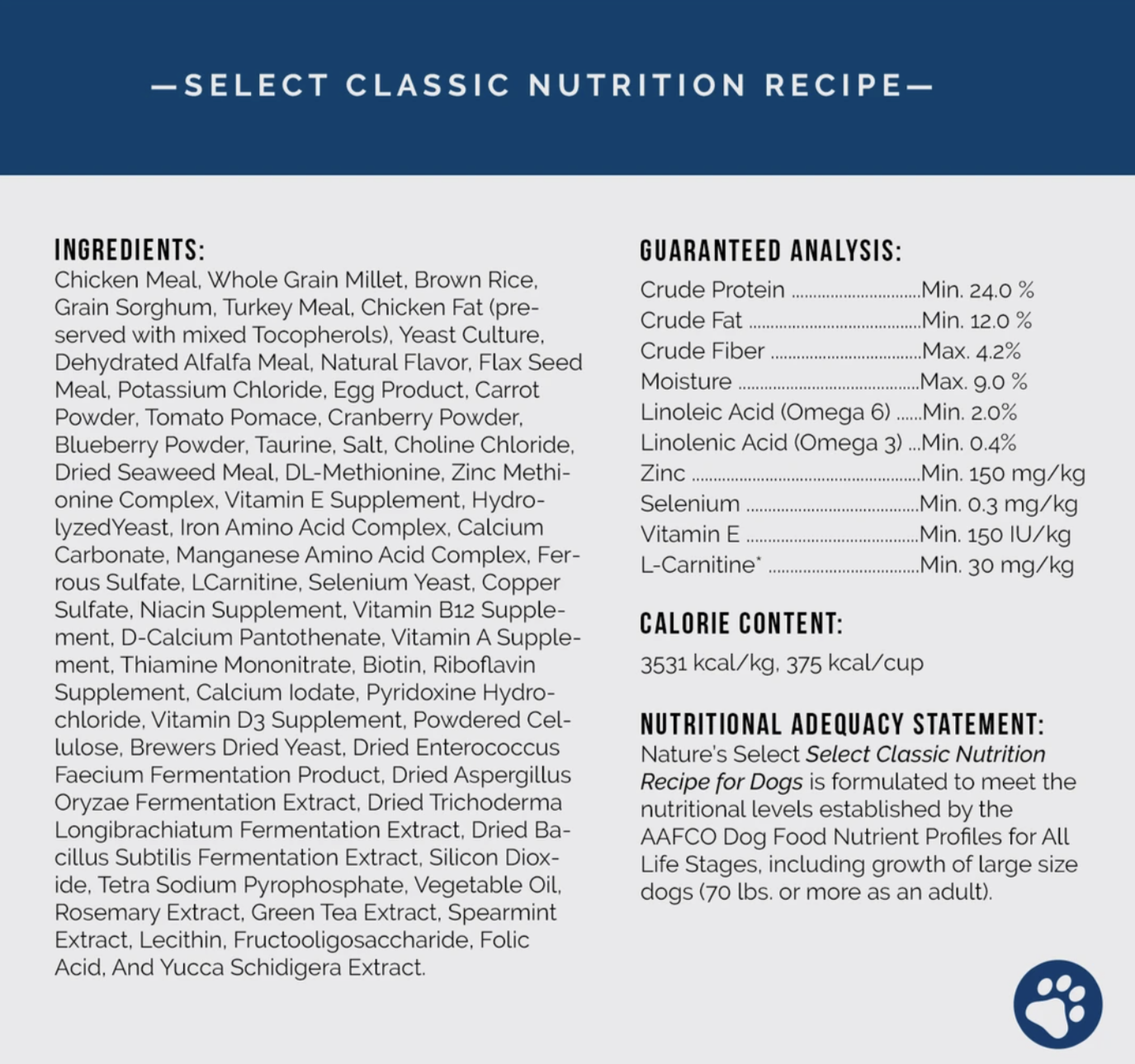 Select Classic Recipe — Nature's Select Premium Pet Products