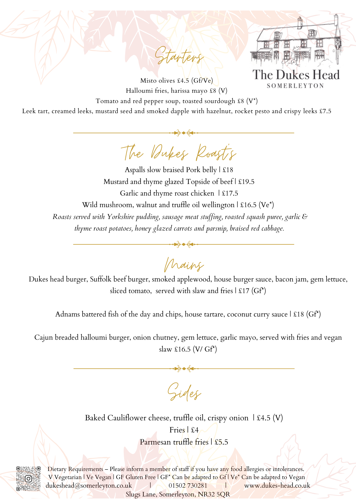 Sunday Sample Menu — Dukes Head Somerleyton