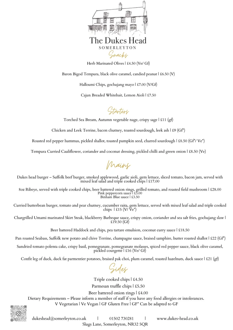 Our Menu — Dukes Head Somerleyton