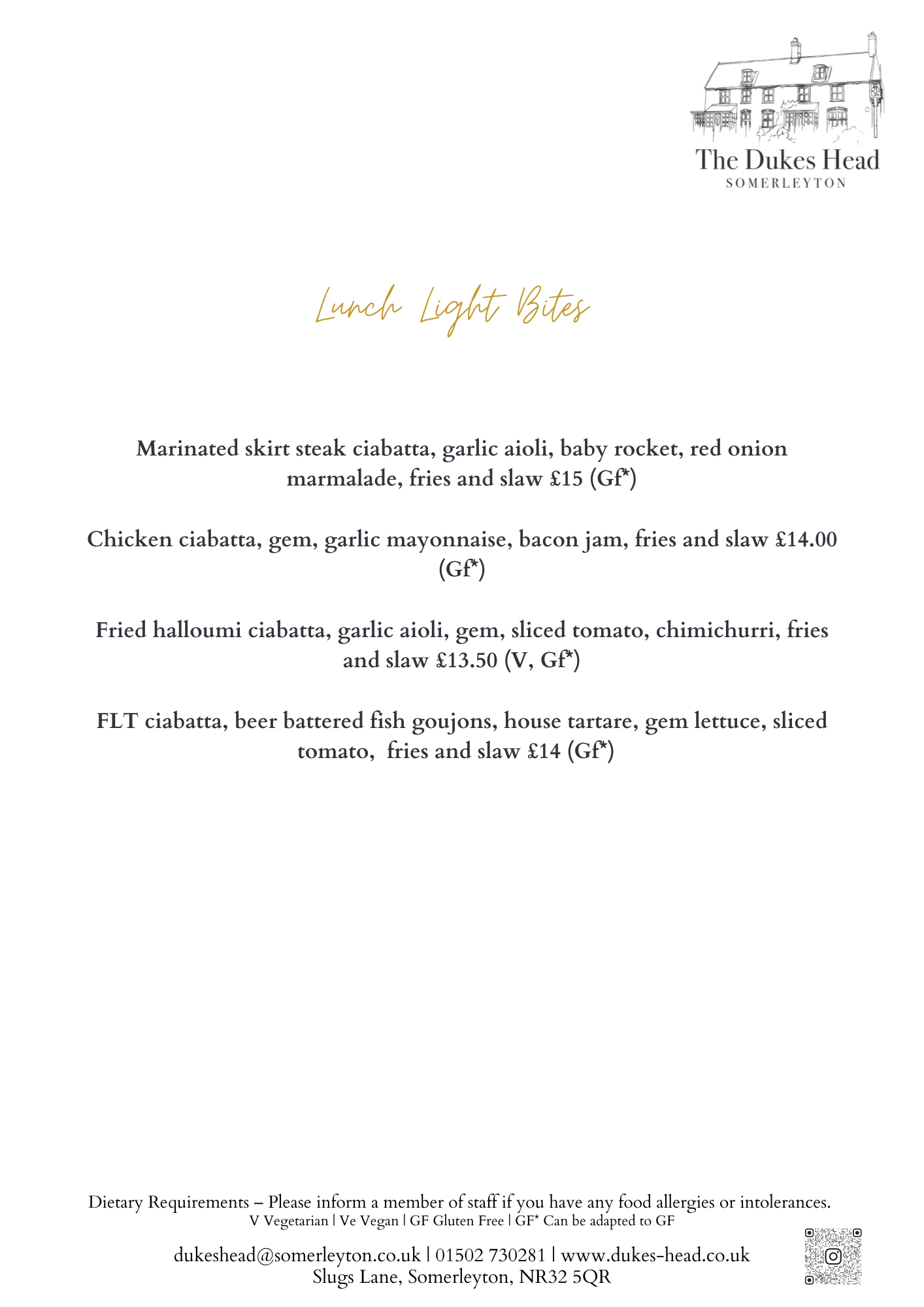 Our Menu — Dukes Head Somerleyton