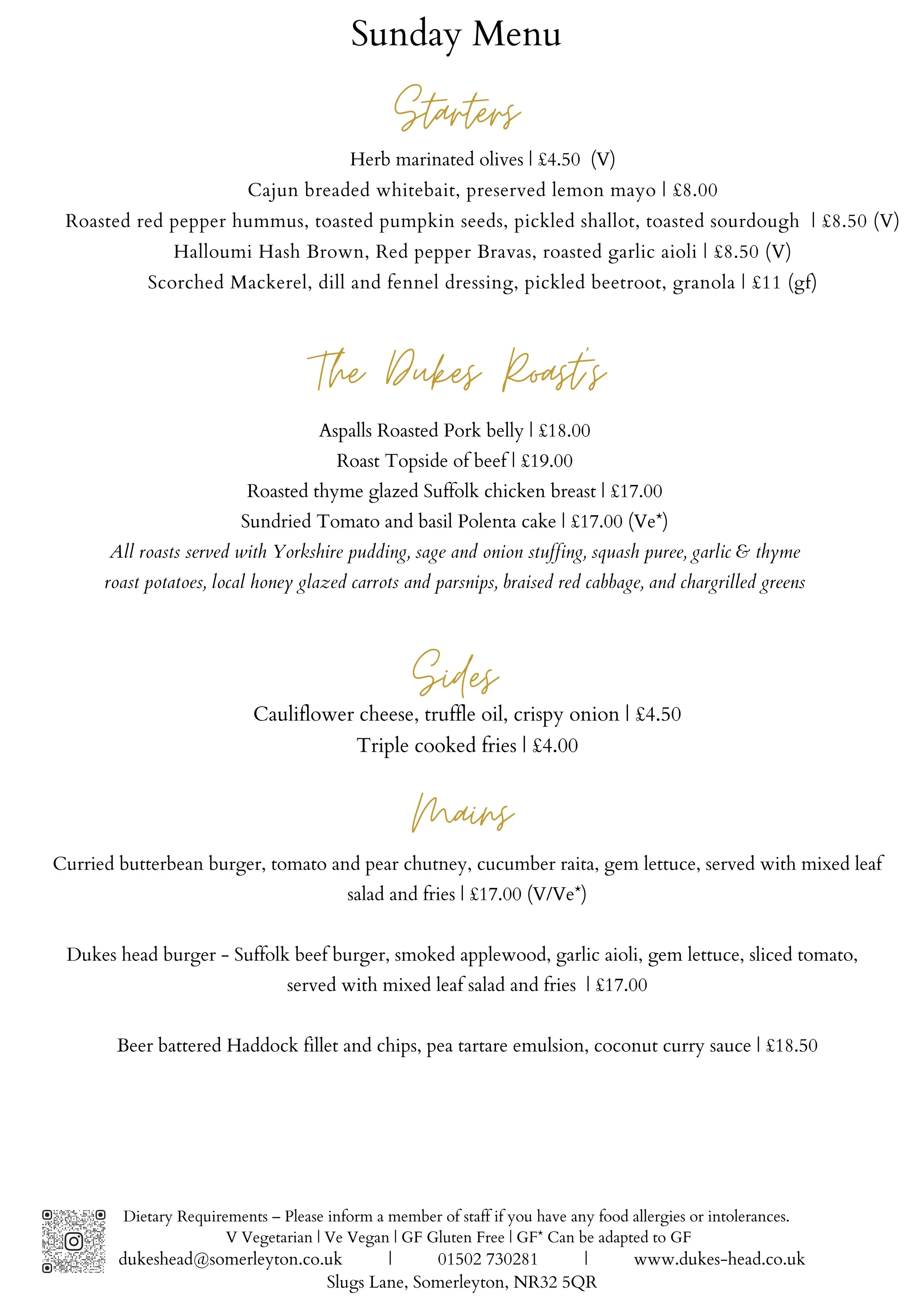 Sunday Sample Menu — Dukes Head Somerleyton